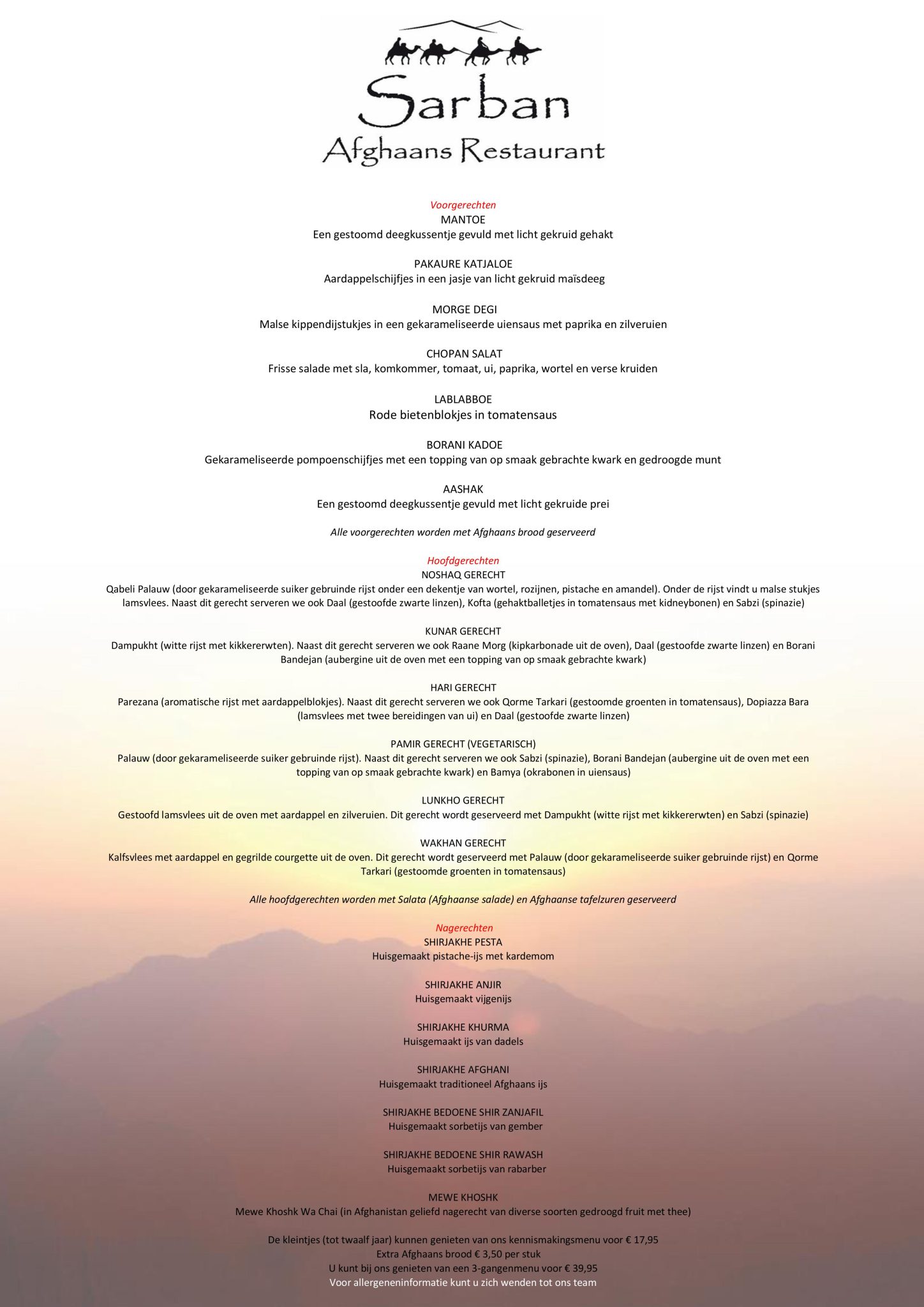 Menu - Sarban Afghaans Restaurant
